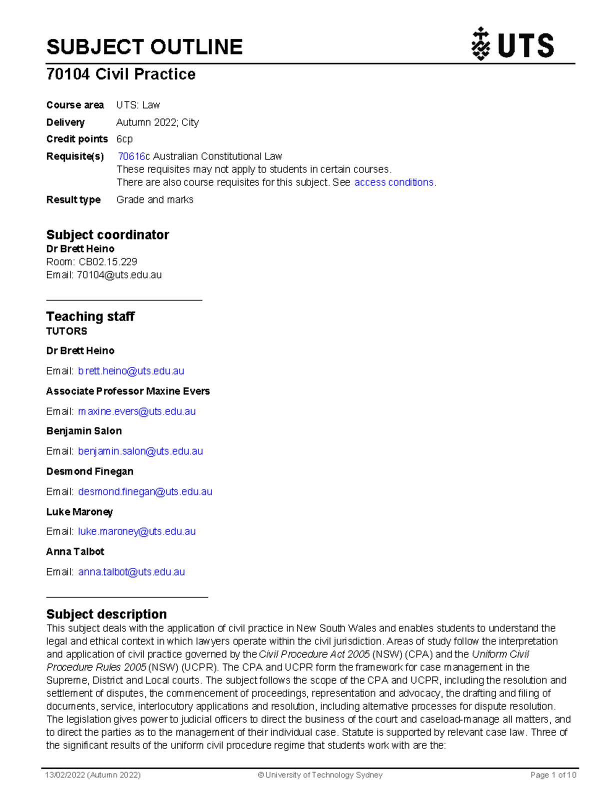Civil Practice Subject Outline 2022 - SUBJECT OUTLINE 70104 Civil ...