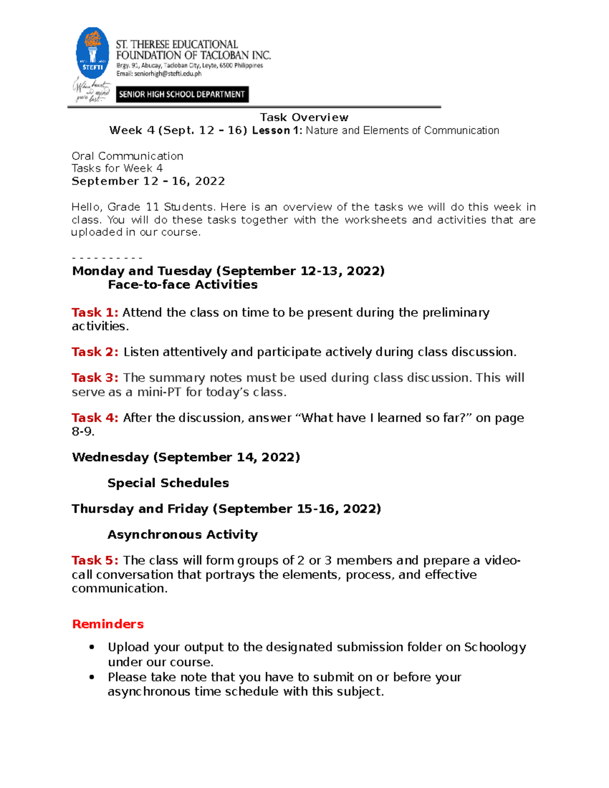 Week 4 - Task Overview - Task Overview Week 4 (Sept. 12 – 16) Lesson 1 ...