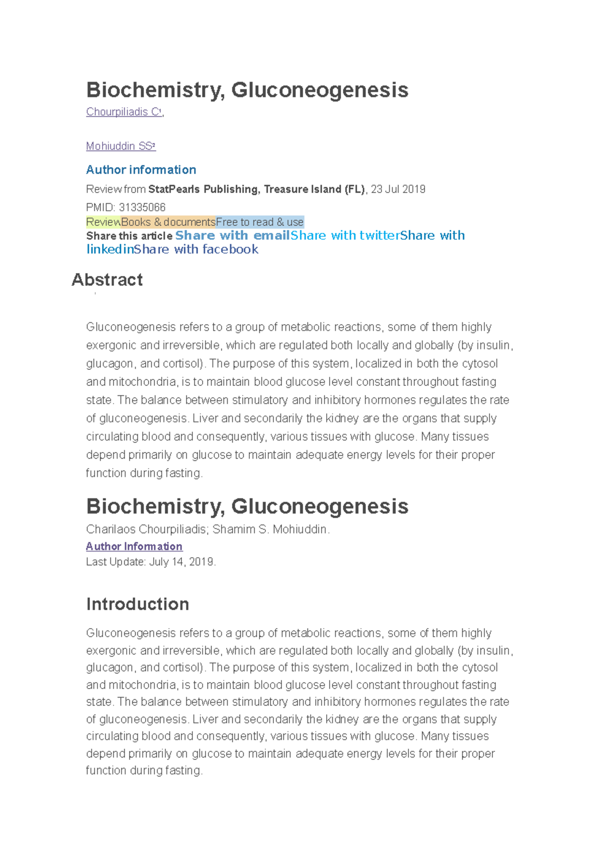 Lectura S6 Gluconeogén - Biochemistry, Gluconeogenesis Chourpiliadis C ...