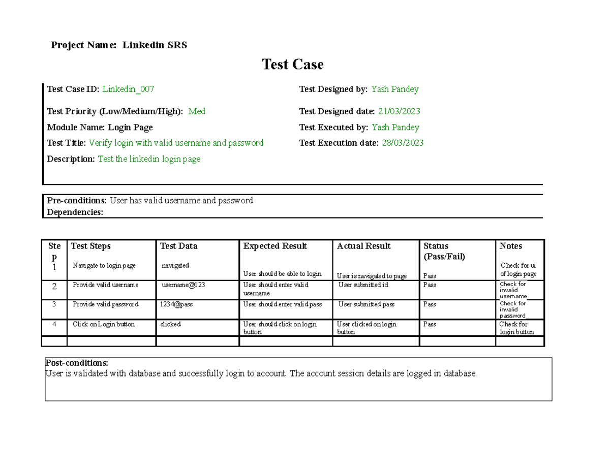Testcasetemplatedoc - Testcase template - Project Name: Linkedin SRS ...
