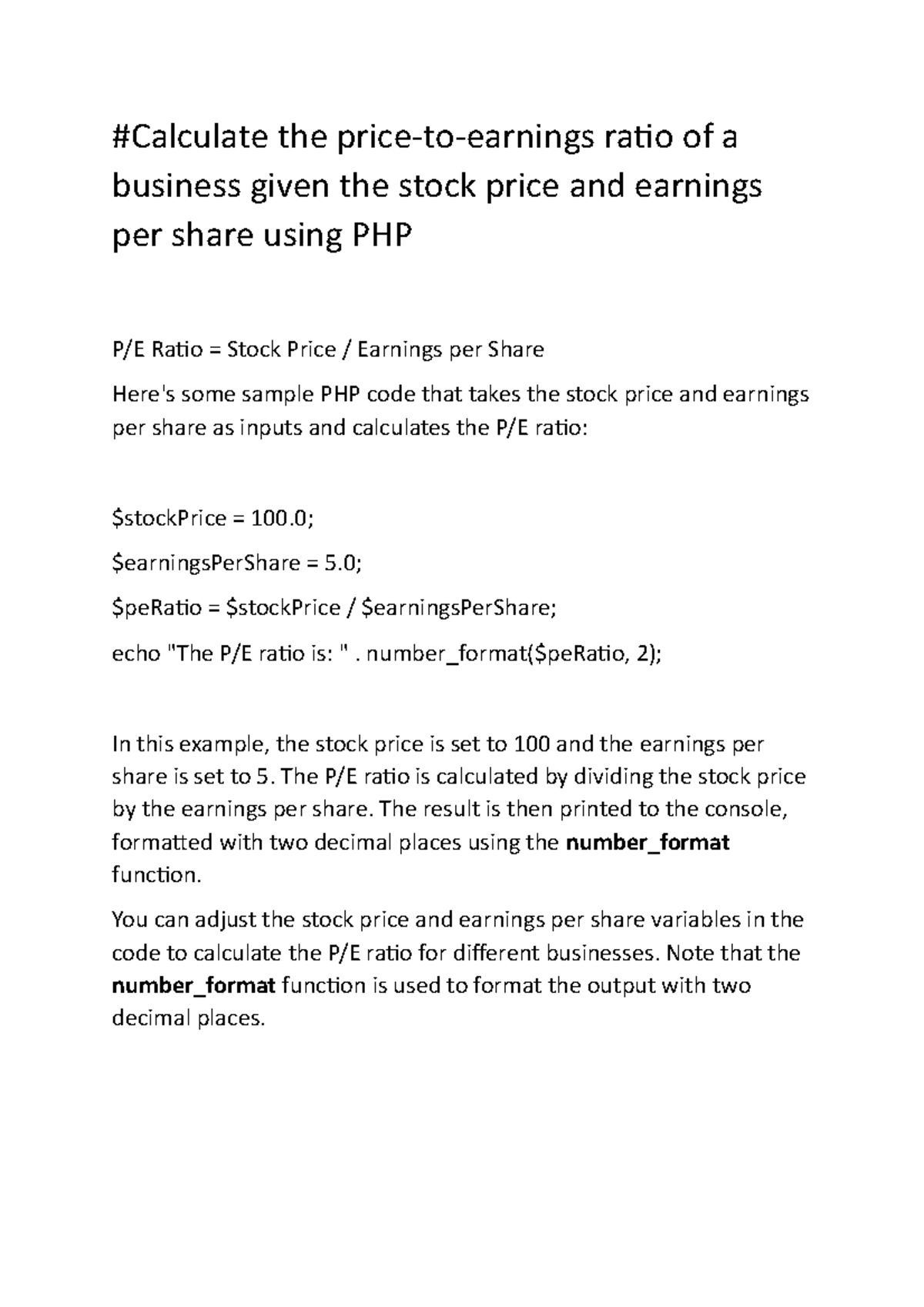 Price To Earnings Php Calculate The Price to earnings Ratio Of A price-to-earnings-php-calculate-the-price-to-earnings-ratio-of-a