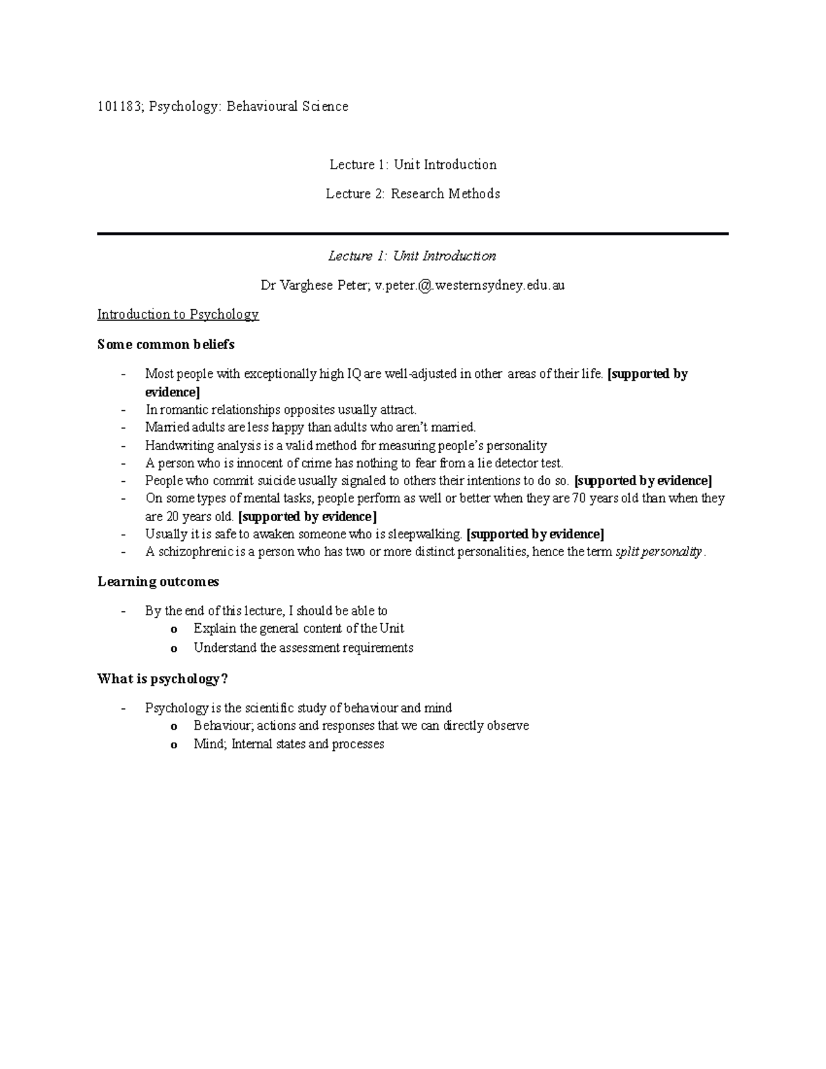 Lecture 1 & 2 - Introduction & Research Methods - 101183; Psychology ...