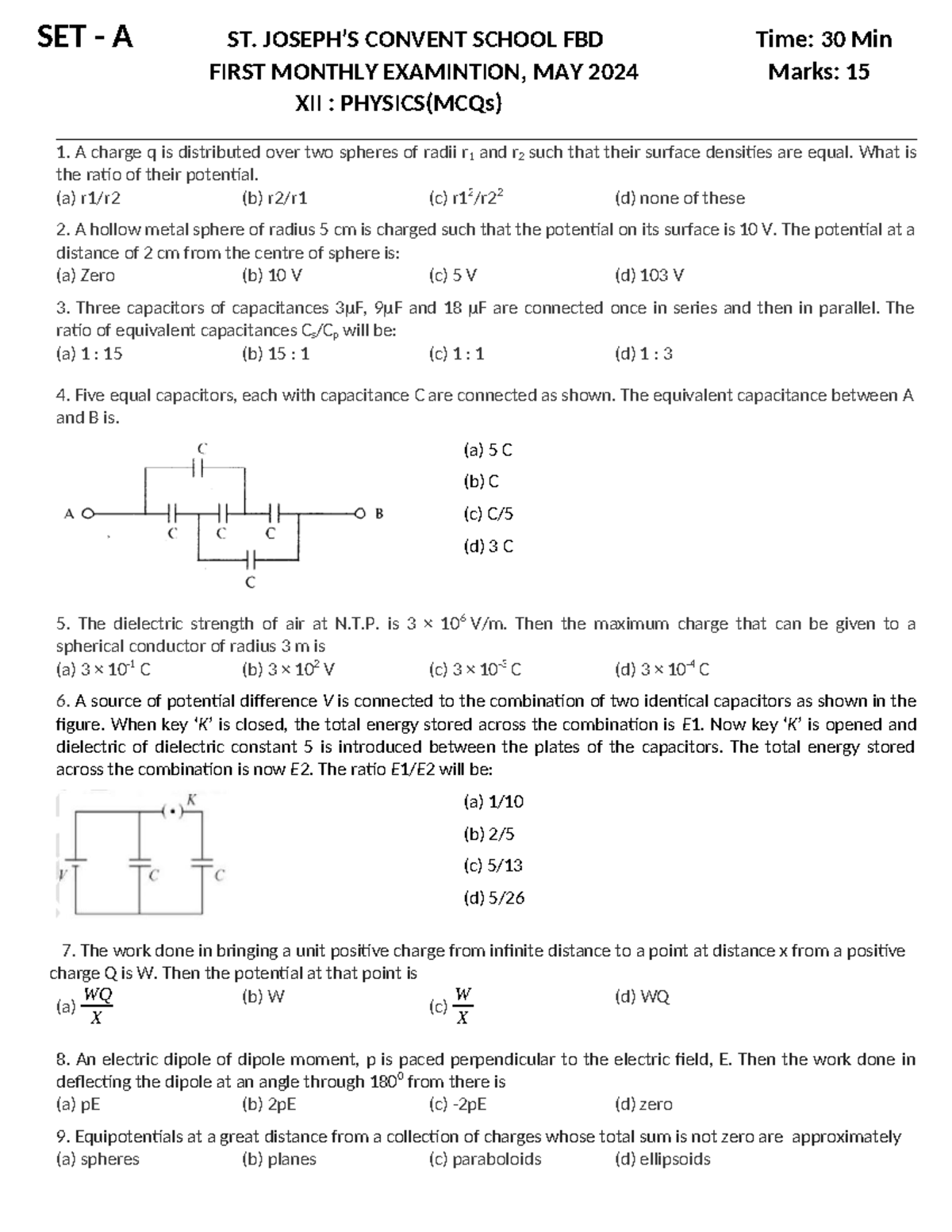 Physics 1 UT - This is the assignment - SET - A ST. JOSEPH’S CONVENT ...