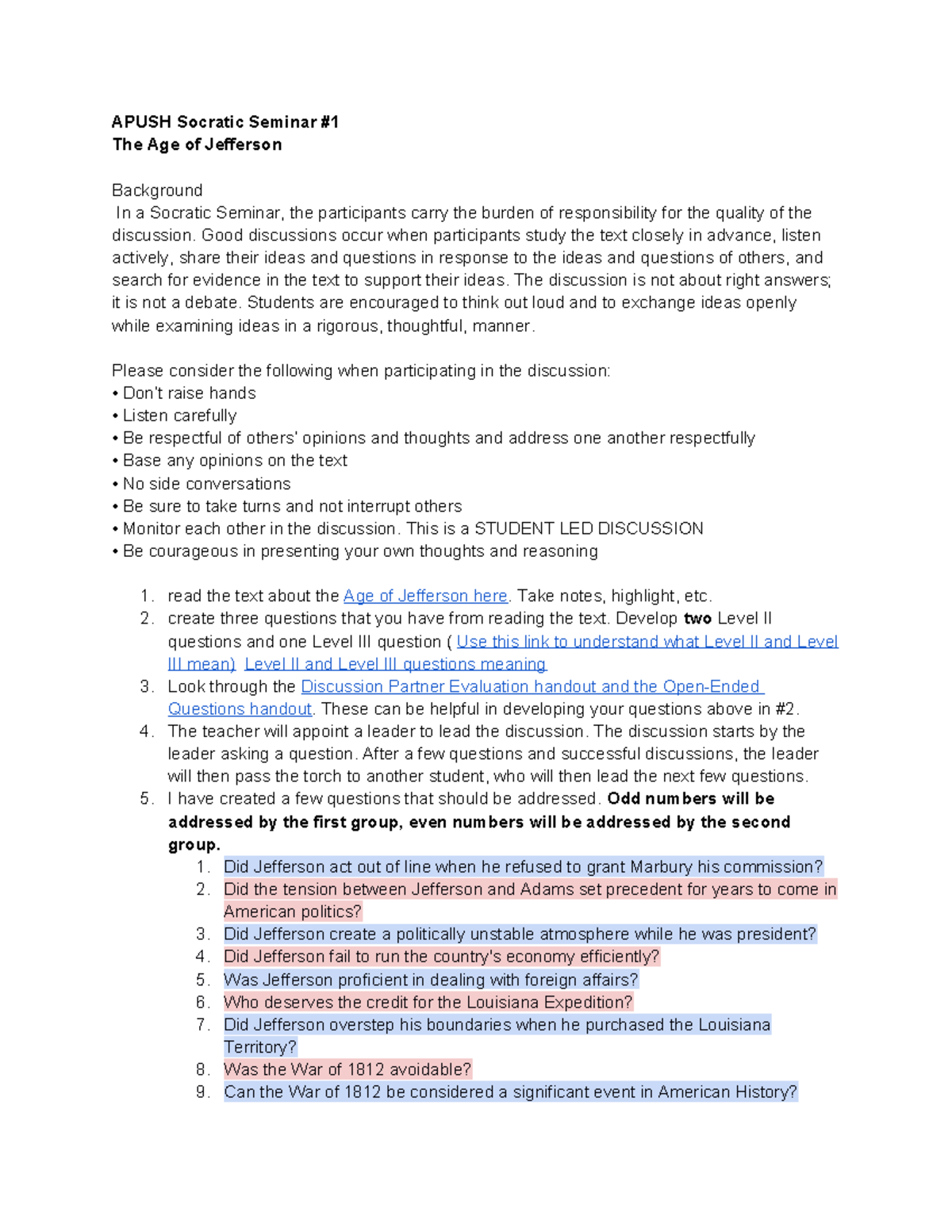 Apush Socratic Seminar - The Age of Jefferson - APUSH Socratic Seminar ...