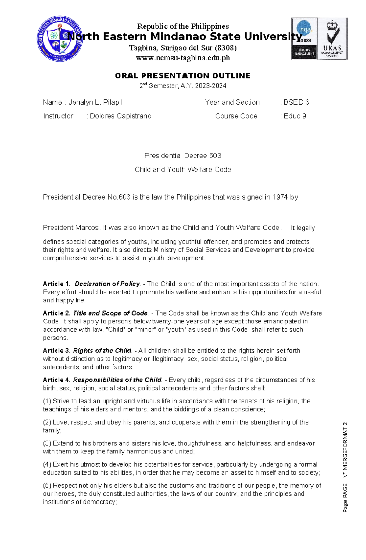 PD603 - Page PAGE * MERGEFORMAT 2 Republic of the Philippines North ...