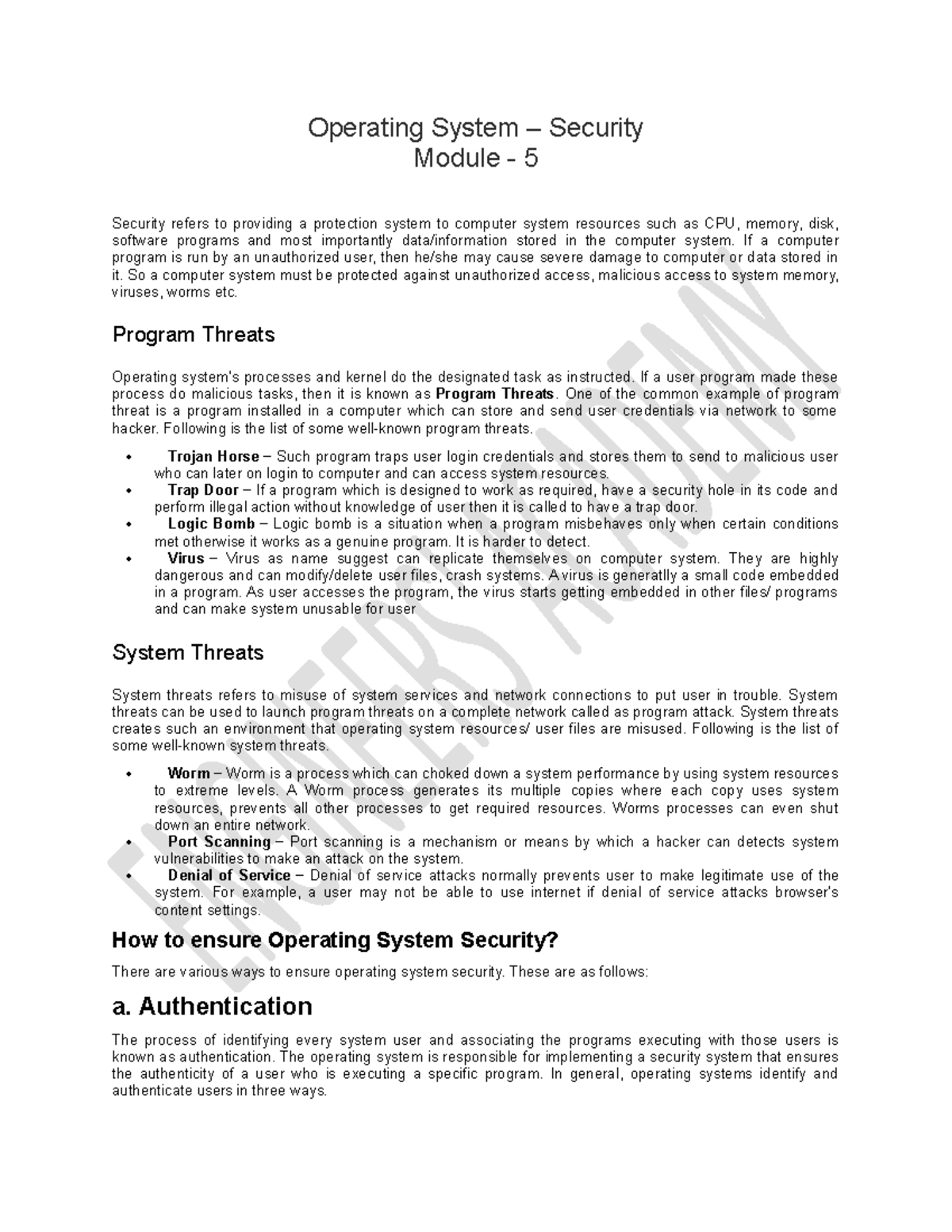 O.S 5 - note - Operating System – Security Module - 5 Security refers to providing a protection ...