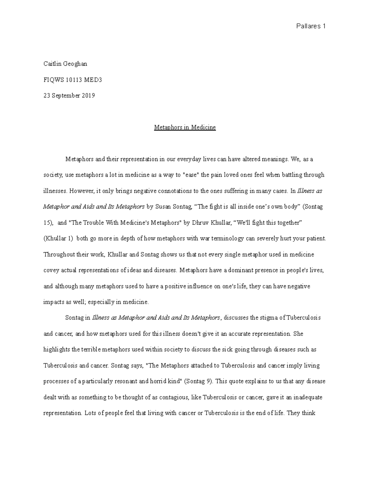 Metaphor Essay Final - Caitlin Geoghan FIQWS 10113 MED 23 September ...