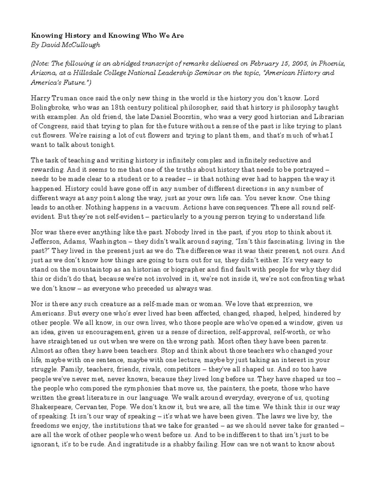 Opening article - knowing history and knowing who we are - Knowing ...