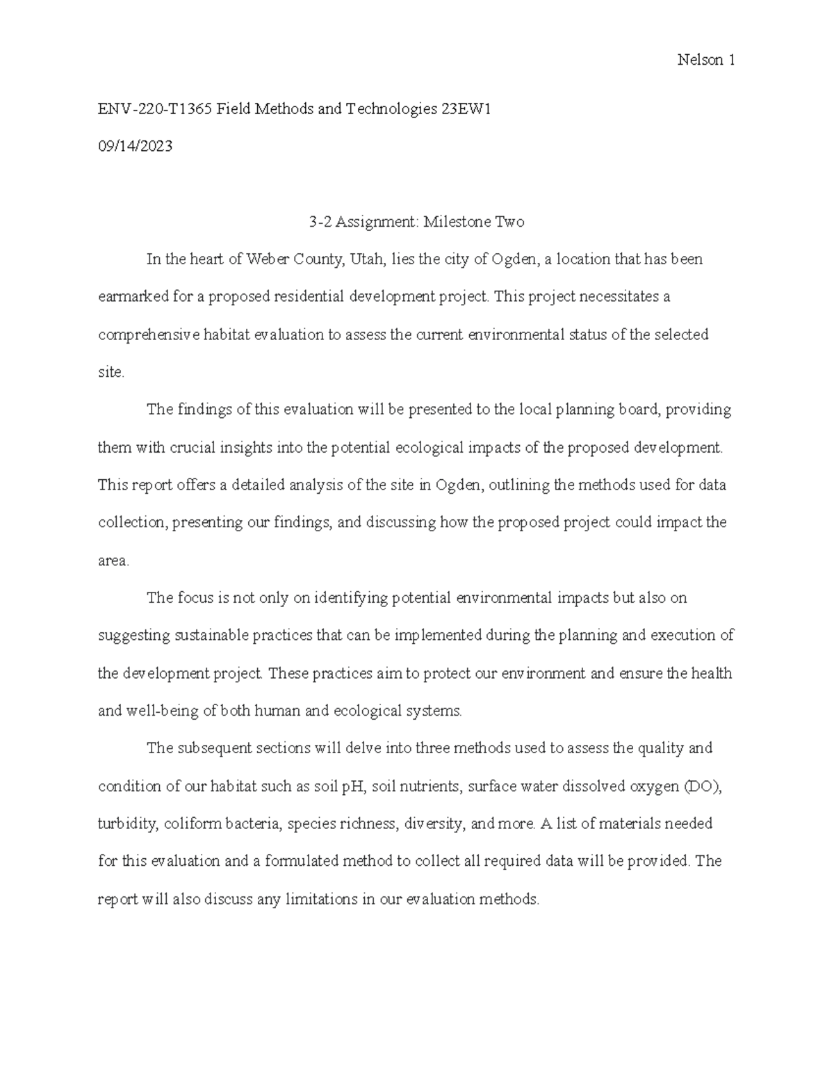 3-2 Assignment- Milestone Two - ENV-220-T1365 Field Methods and Technologies 23EW 09/14/ 3-2 ...