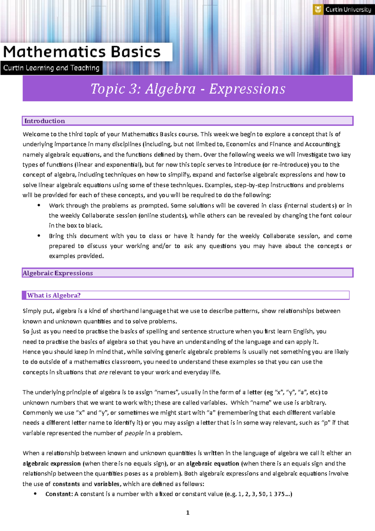 Math Mathematics Basic Topic Lecture Notes 3docx Topic 3 Algebra Expressions 