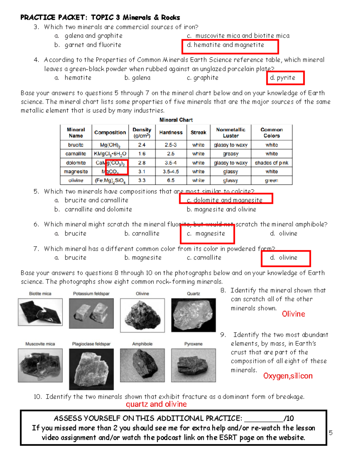 Kami Export - ESRT Mineral Practice key - PRACTICE PACKET: TOPIC 3 ...