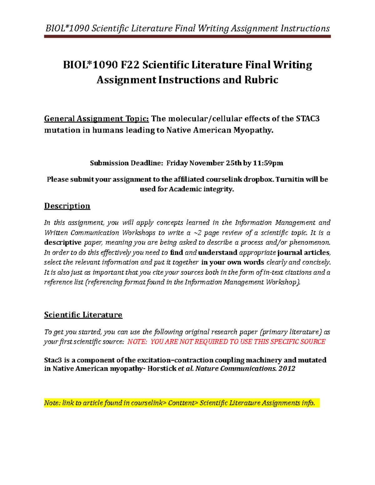 BIOL 1090 F22 Final writing assignment - Instructions and Rubric - BIOL*1090 Scientific ...