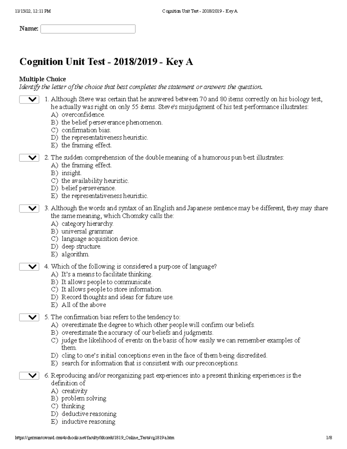 Cognition Unit Test - 2018 2019 - Key A - Name: Cognition Unit Test ...
