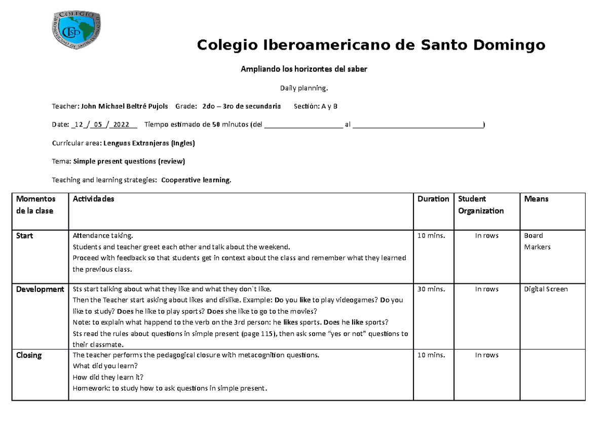 Ejemplo de plan diario - Planificación - Colegio Iberoamericano de ...