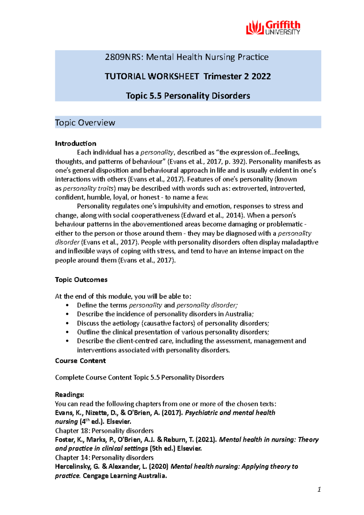 2809NRS Topic 5.5 Student Worksheet 2022 - 2809NRS: Mental Health ...