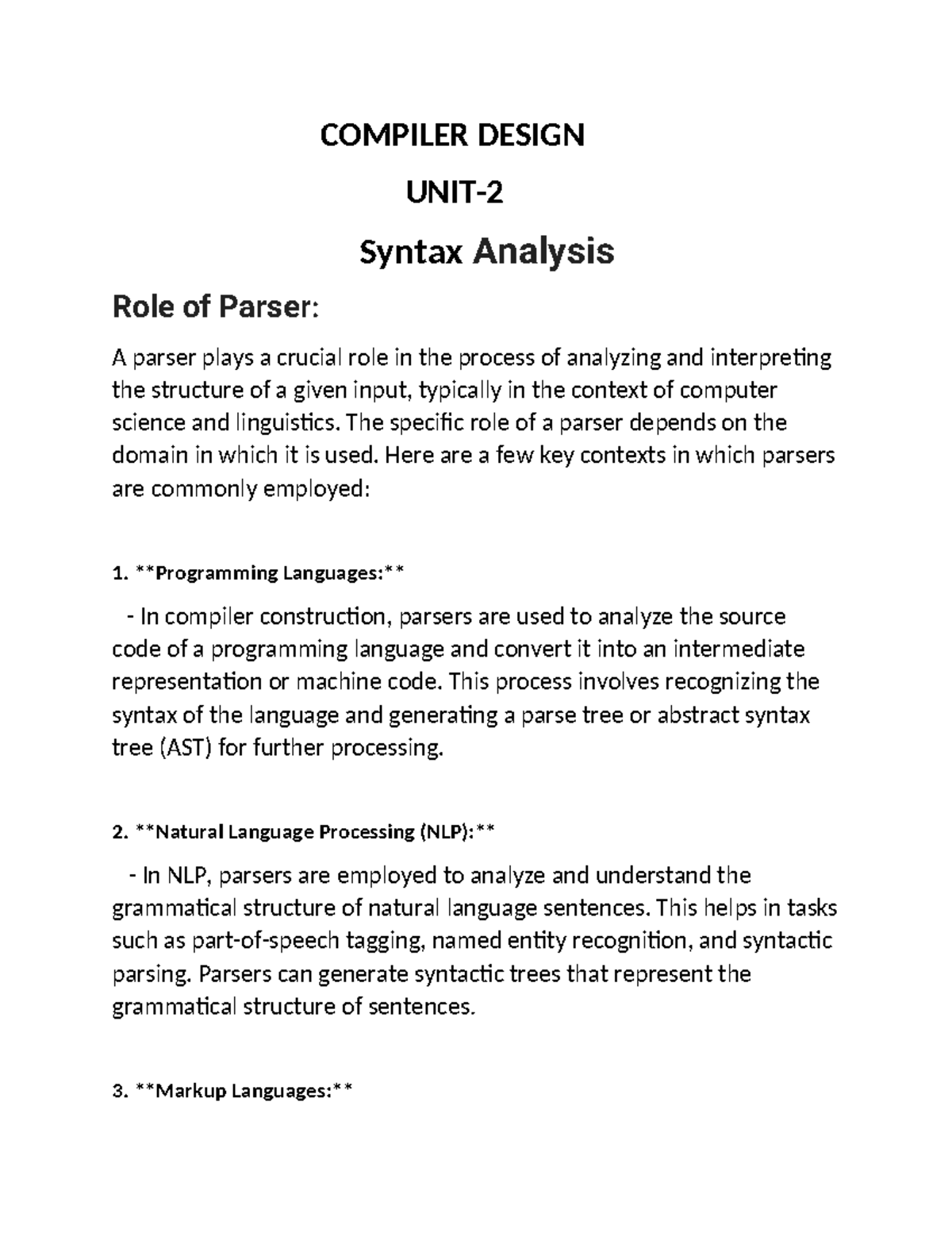 Compiler Design Books Compiler Design Unit Syntax Analysis Role Of Parser A Parser Plays A