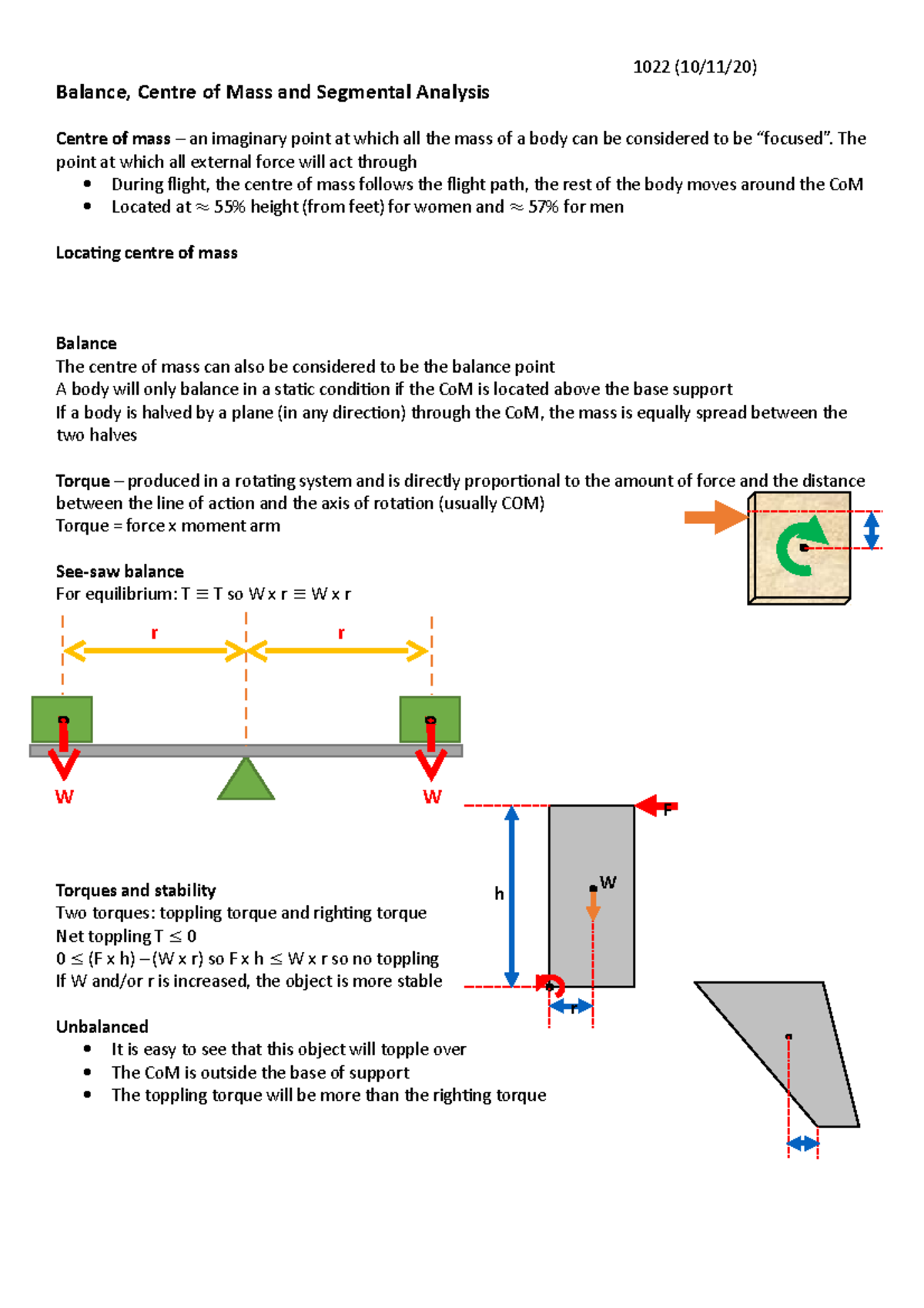 Balance, Centre of Mass and Segmental Analysis - 1022 (10/11/20 ...