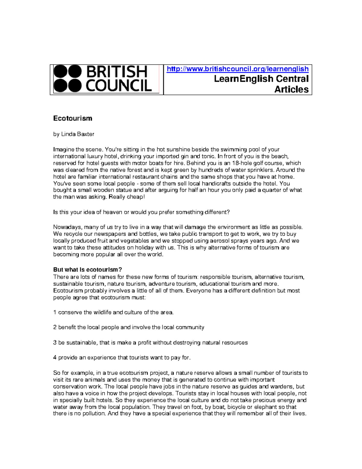 Ecotourism - britishcouncil/learnenglish LearnEnglish Central Articles ...