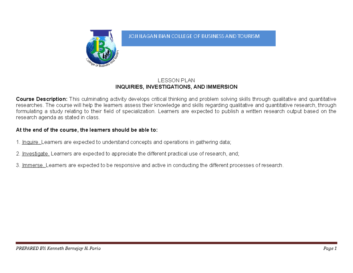 L Esson PLAN III - LESSON PLAN INQUIRIES, INVESTIGATIONS, AND IMMERSION ...