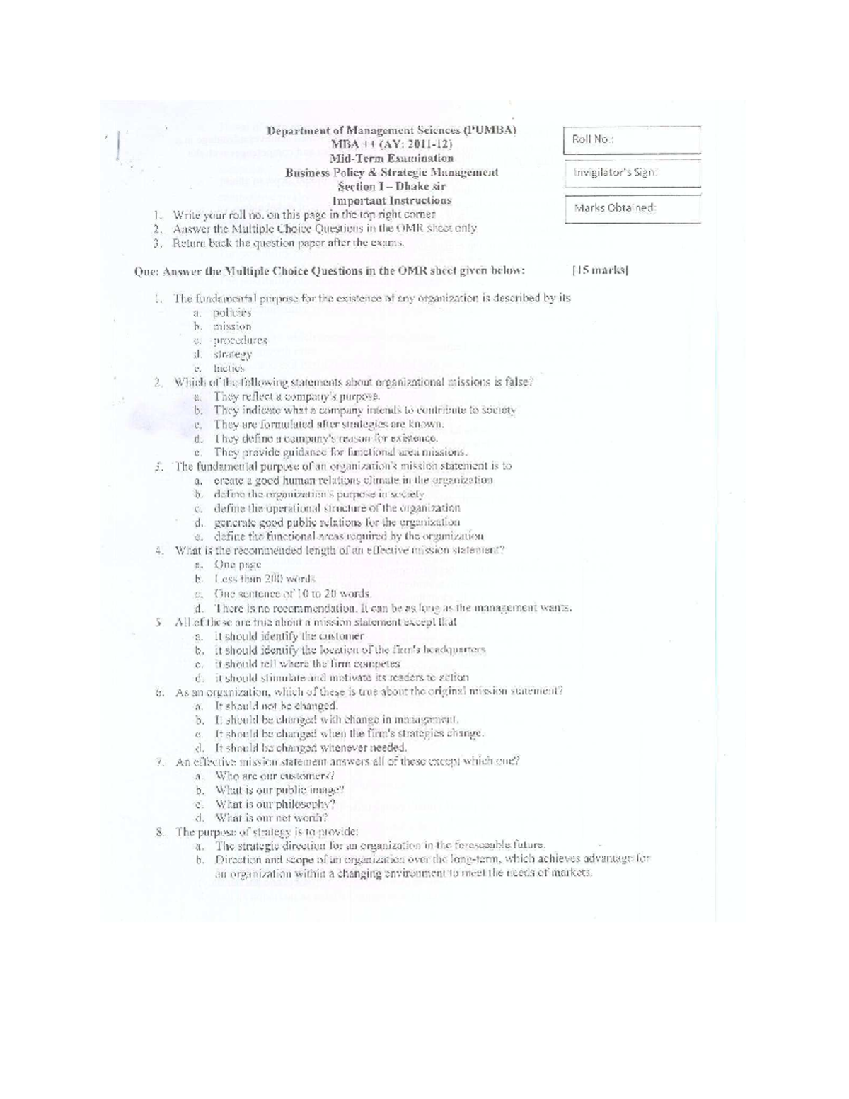 BPSM 1 - MULTIPLE CHOICE QUESTION WITH BOLD ANSWERS - Bussiness policy ...