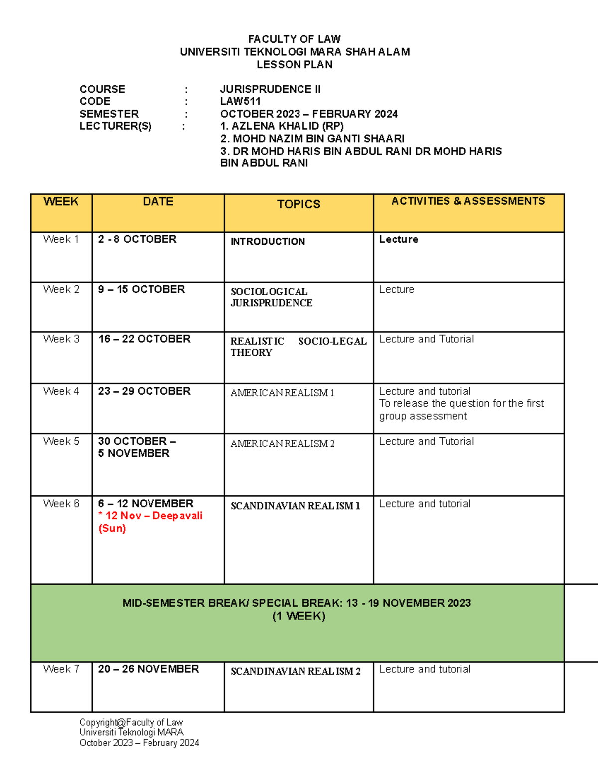 Lesson plan law511 - FACULTY OF LAW UNIVERSITI TEKNOLOGI MARA SHAH ALAM ...