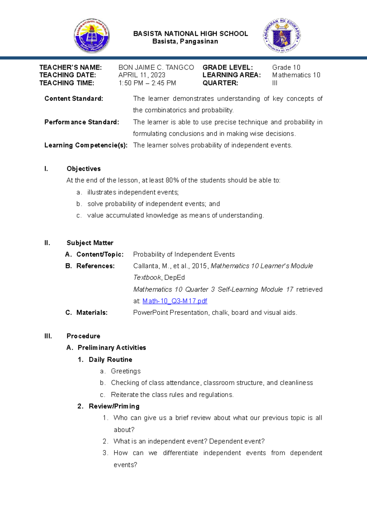 Semi-detailed-Lesson-Plan-Grade-10- April 11, 2023-1 - BASISTA NATIONAL ...