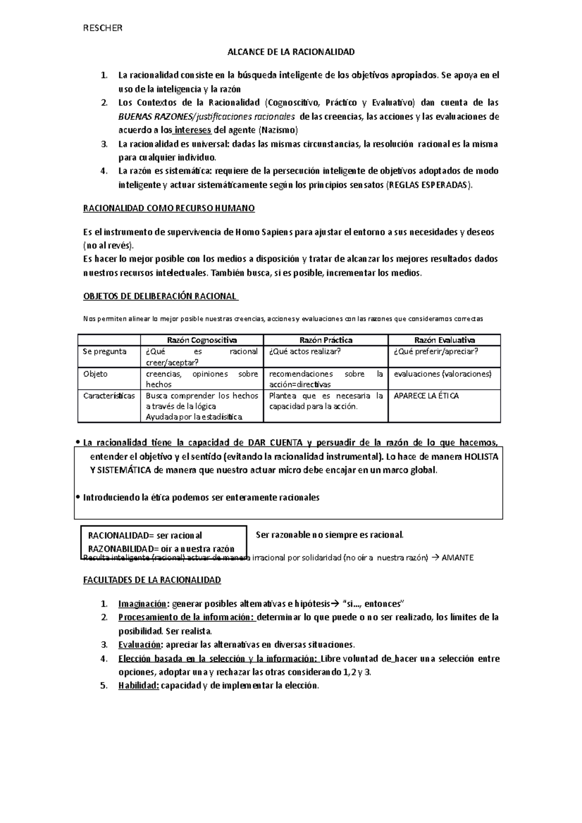 Resumen Rescher - RESCHER ALCANCE DE LA RACIONALIDAD La racionalidad ...