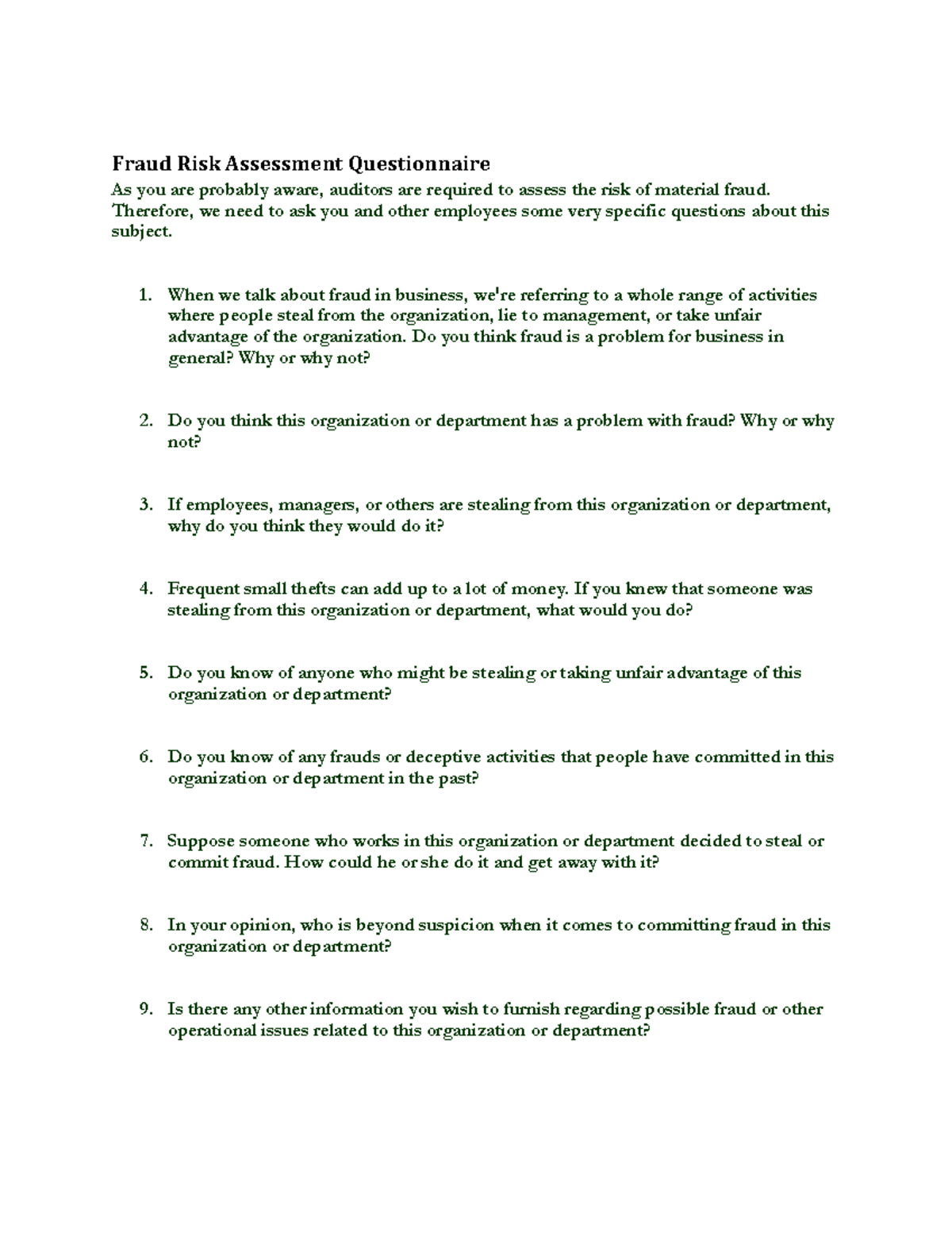 Fraud questionnaire - Just a review - Fraud Risk Assessment ...
