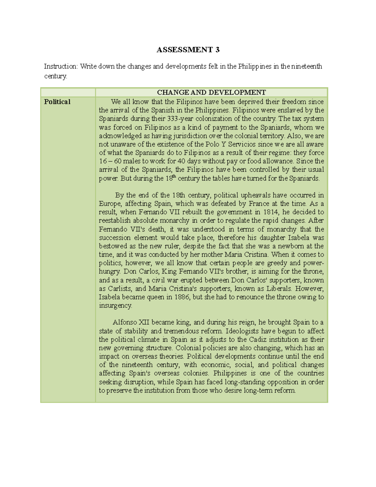 Changes and developments felt in the Philippines in the nineteenth ...