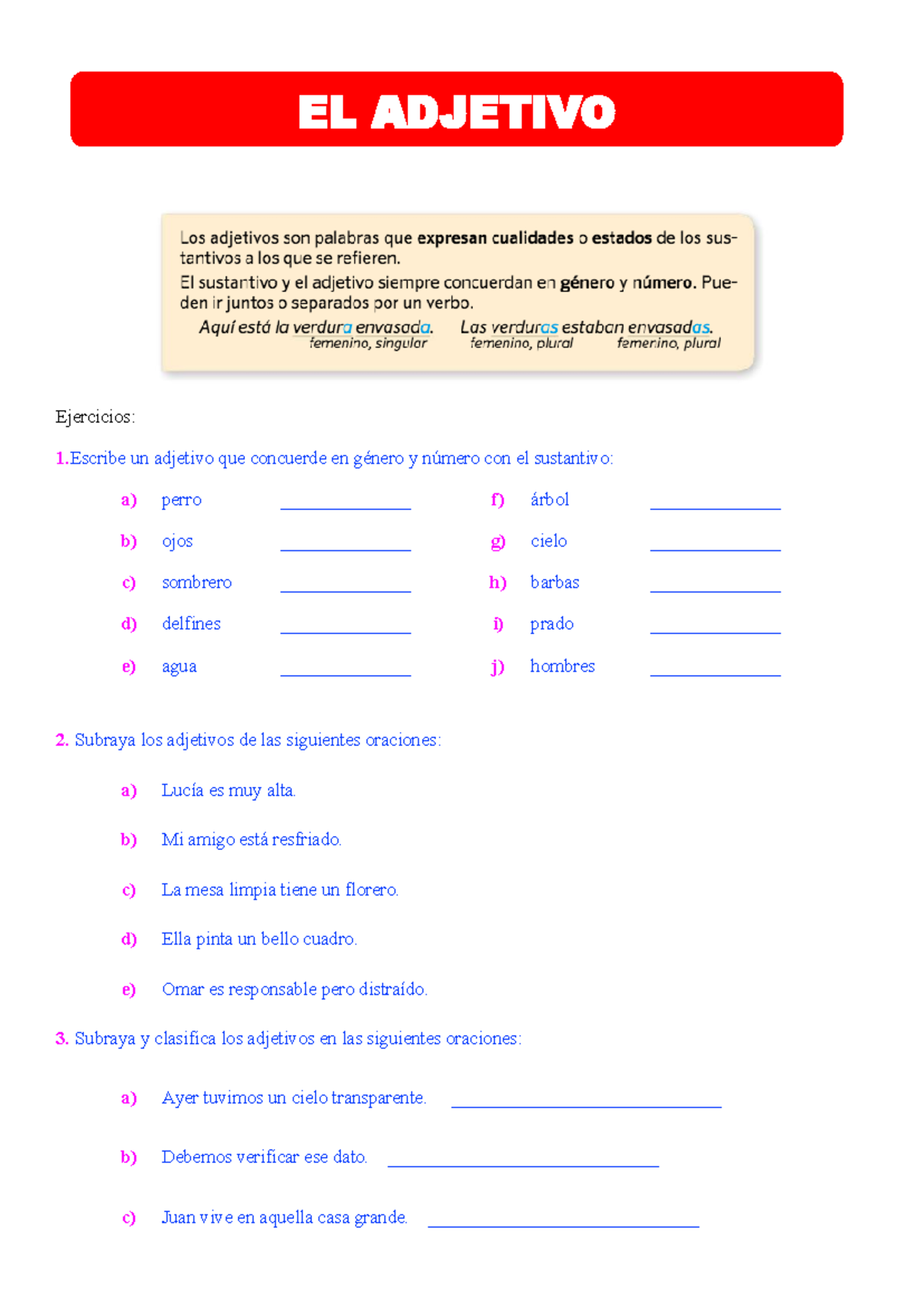 El-adjetivo-6o - Ejercicios: 1 un adjetivo que concuerde en género y ...