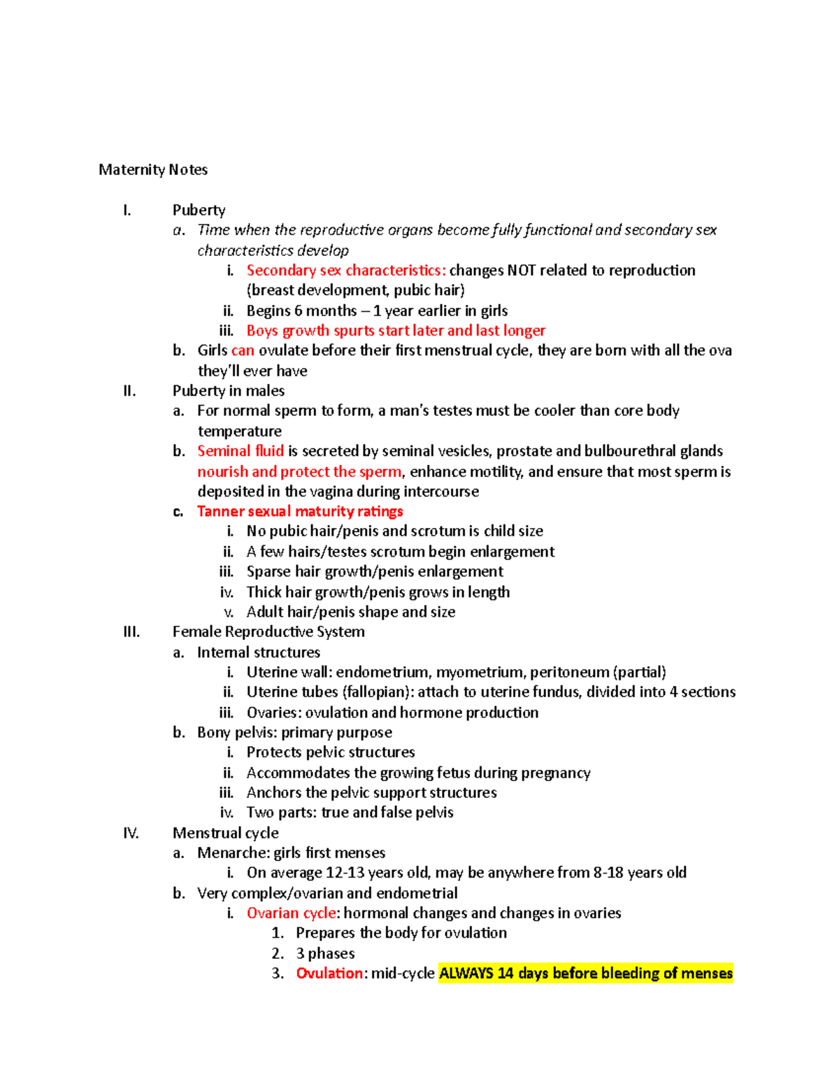 Maternity Notes for - Maternity Notes I. Puberty a. Time when the ...