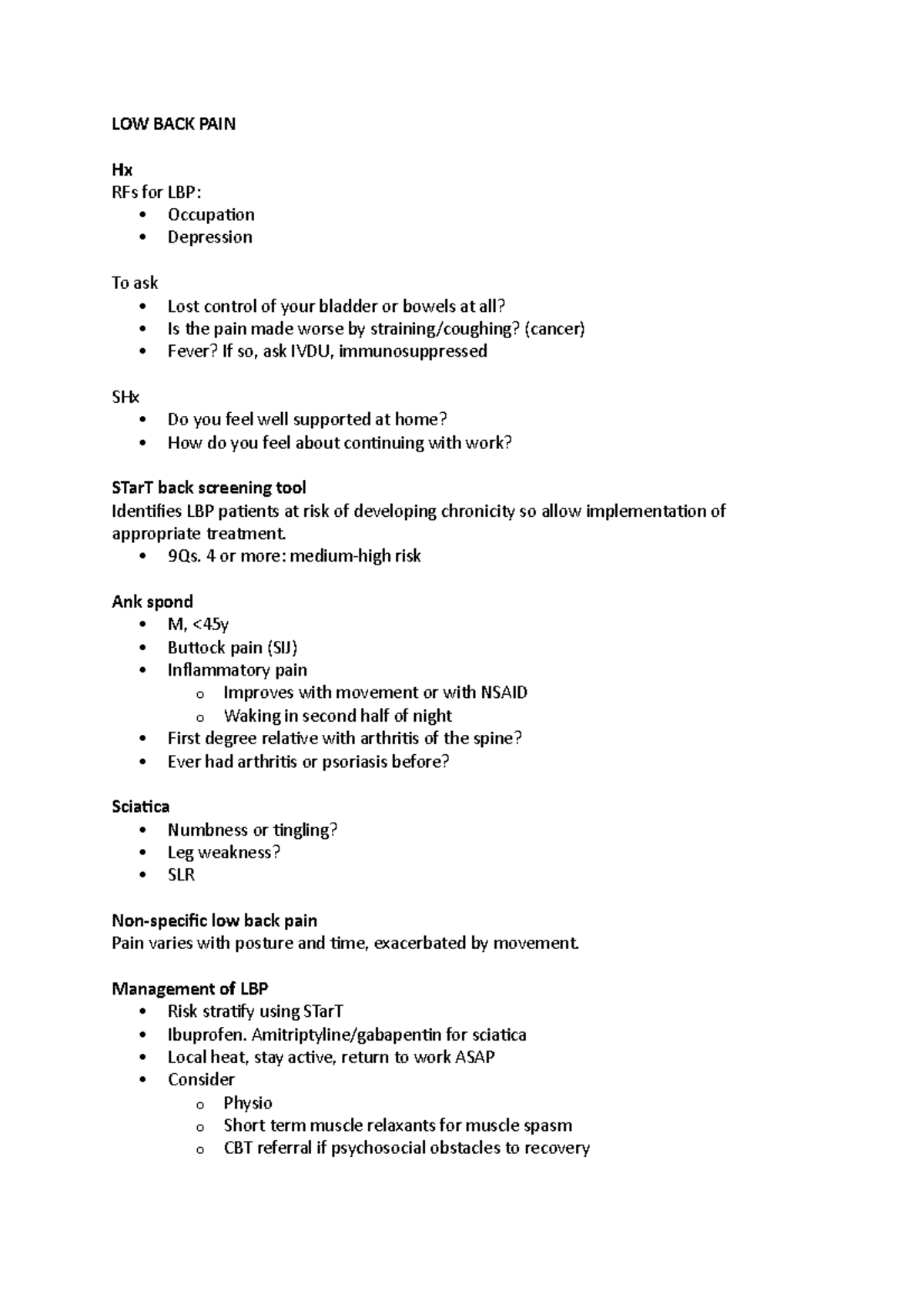 Low Back Pain notes - LOW BACK PAIN Hx RFs for LBP: Occupation ...