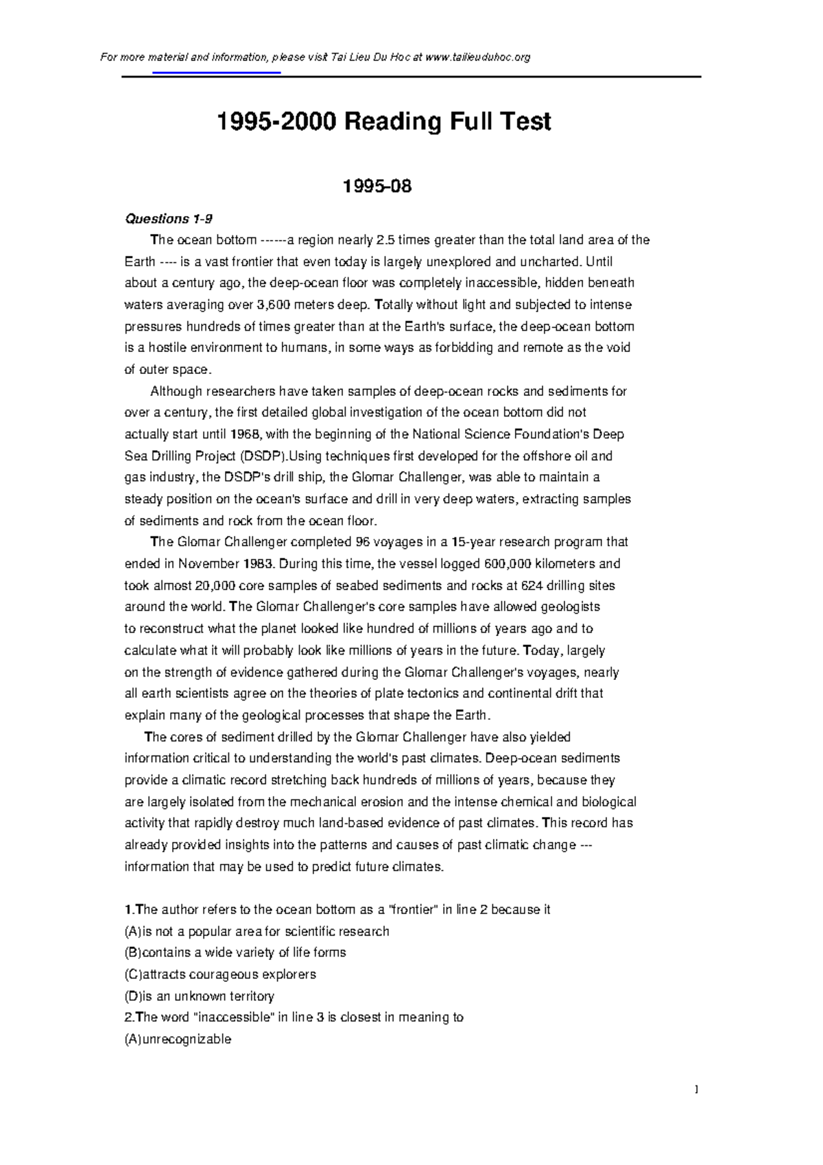 Reading Comprehension 1995-2000 - 1995-2000 Reading Full Test 1995 ...