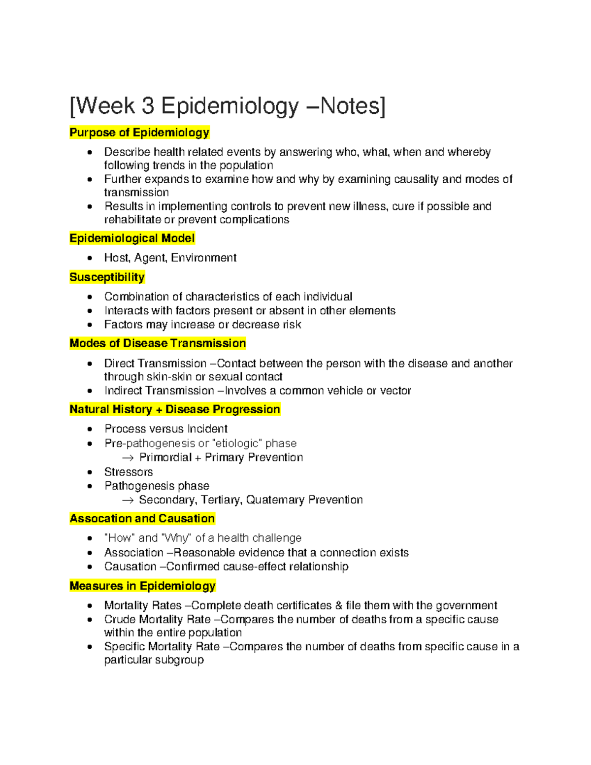 Week 4 -Epidemiology + Communicable Diseases - [Week 3 Epidemiology ...