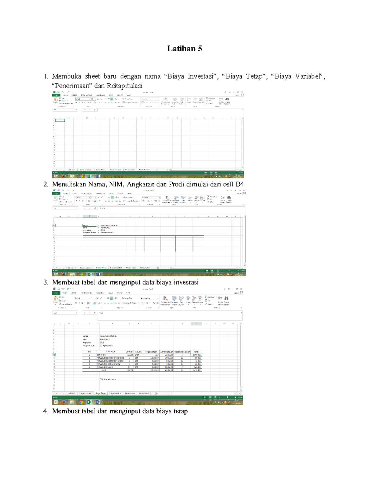 Tutorial Latihan 4. Analisis Kelayakan Usaha - 1. Membuka sheet baru dengan nama “Biaya ...