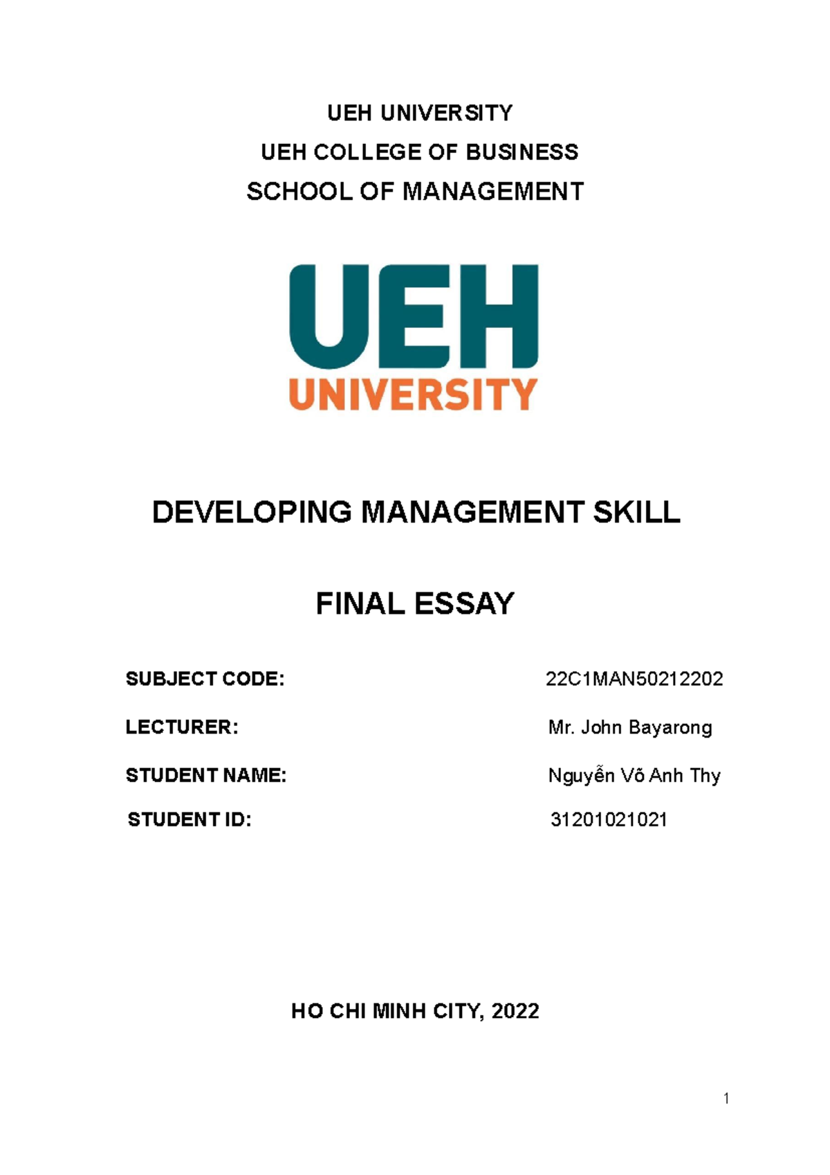 DMS final - fdsnff - UEH UNIVERSITY UEH COLLEGE OF BUSINESS SCHOOL OF ...