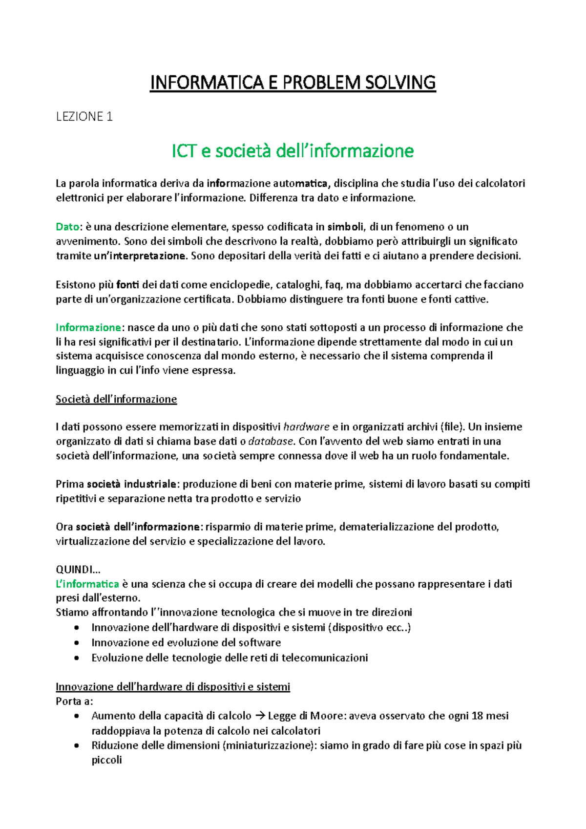 INFO E Problem Solving - INFORMATICA E PROBLEM SOLVING LEZIONE 1 ICT e società dell’informazione ...