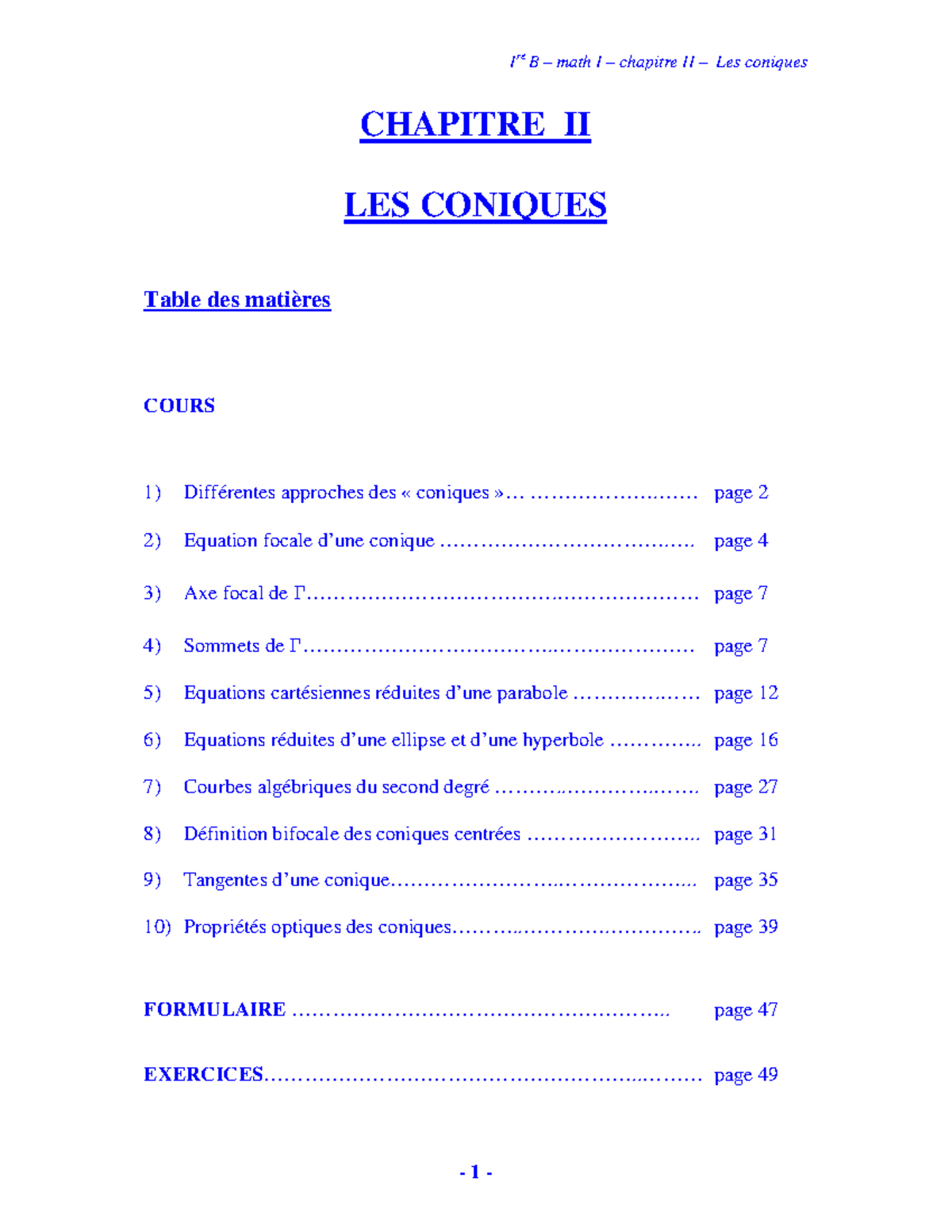 Coniques - CHAPITRE II LES CONIQUES Table des matières COURS 1 ...