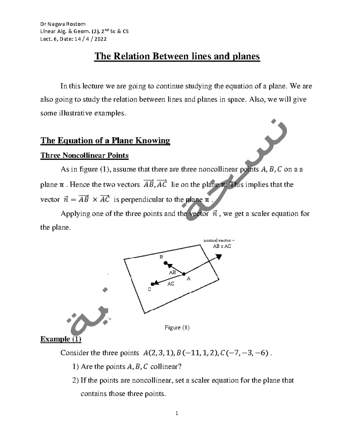 Lect 6, Rel Between lines&planes, Sc, 212 - Linear Alg. & Geom. (2), 2 ...