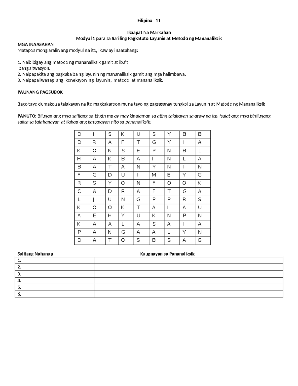 Lecture Module 1-Filipino 11 - Filipino 11 Ikaapat Na Markahan Modyul 1 para sa Sariling ...