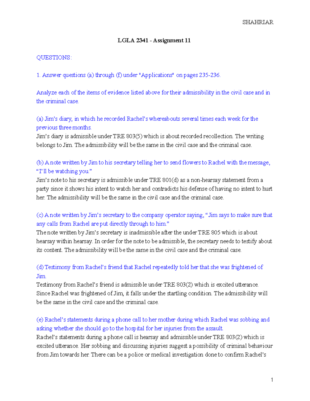 LGLA 2341 - Assignment 11 - SHAHRIAR LGLA 2341 - Assignment 11 QUESTIONS: Answer questions (a ...