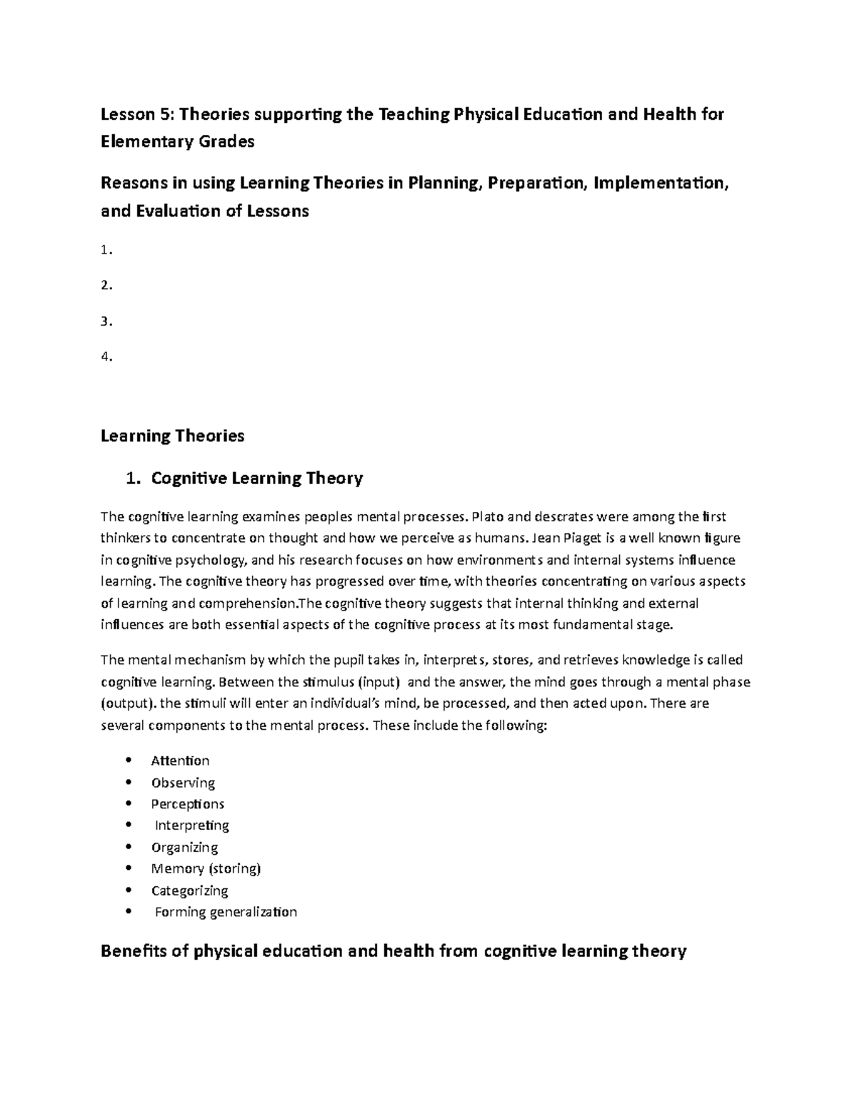 PEH- Report - Jyenye - Lesson 5: Theories supporting the Teaching ...