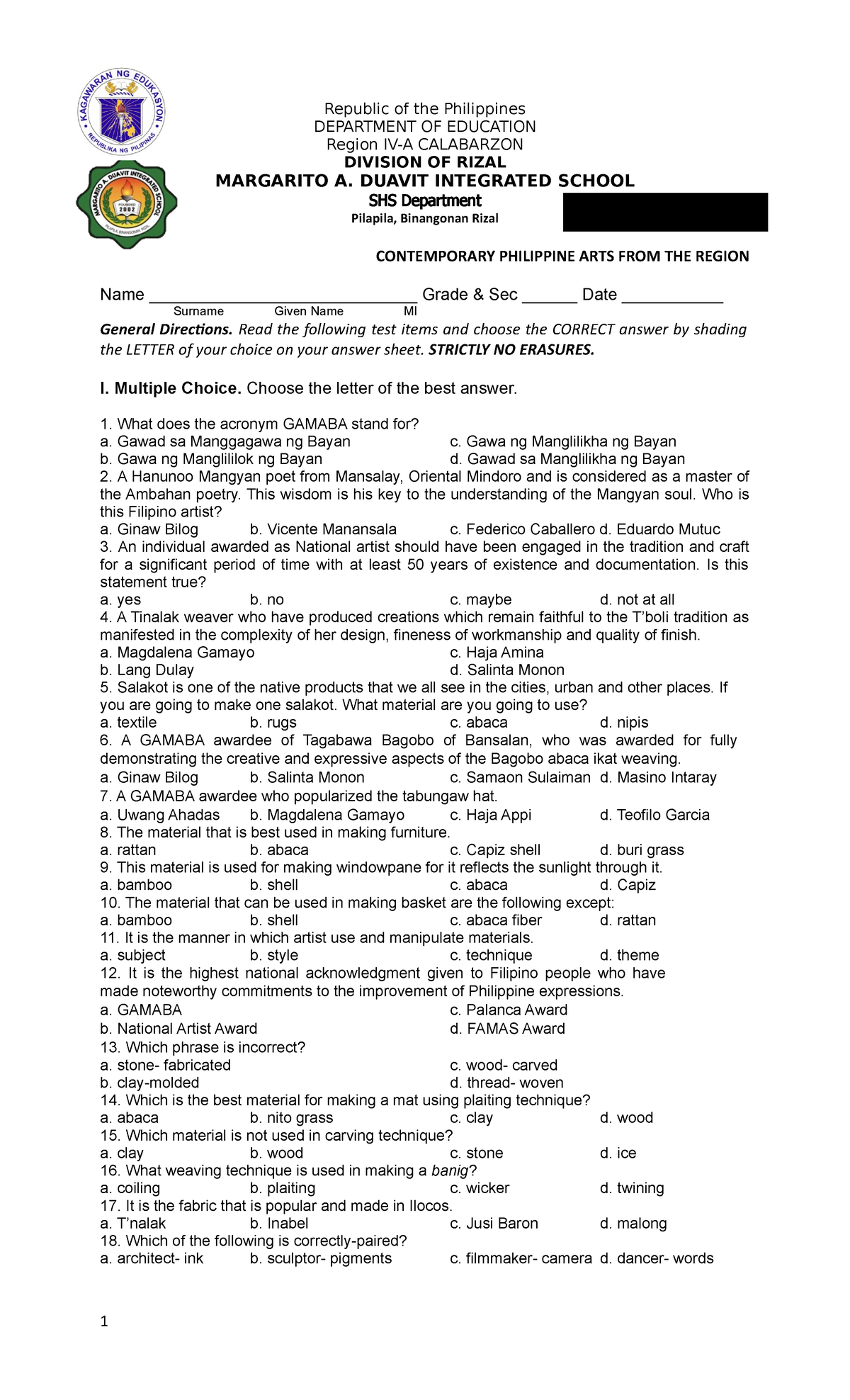 Media. First Quarter TEST - Republic of the Philippines DEPARTMENT OF ...