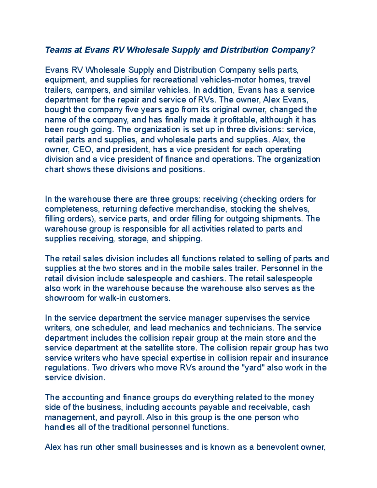 TEAM CASE - study material - Teams at Evans RV Wholesale Supply and Distribution Company? Evans ...