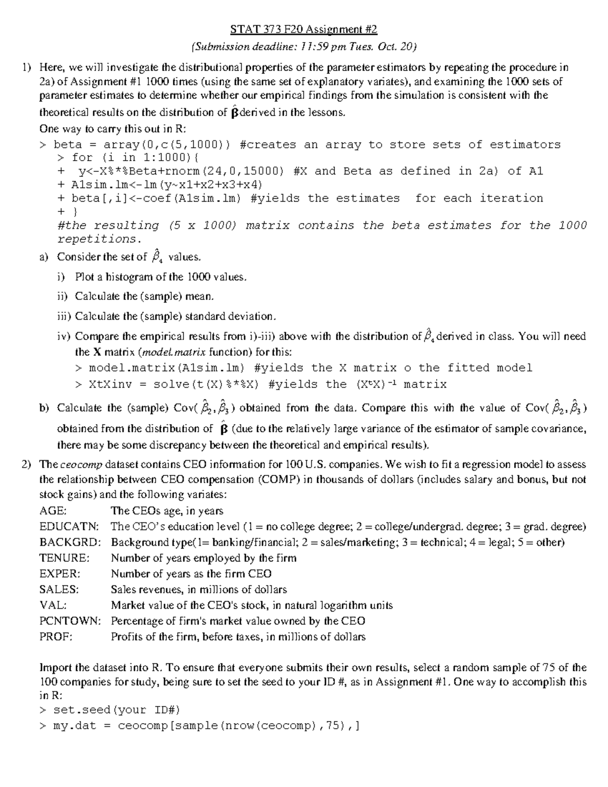 Assignment #2 - STAT 373 F20 Assignment # (Submission deadline: 11:59 ...