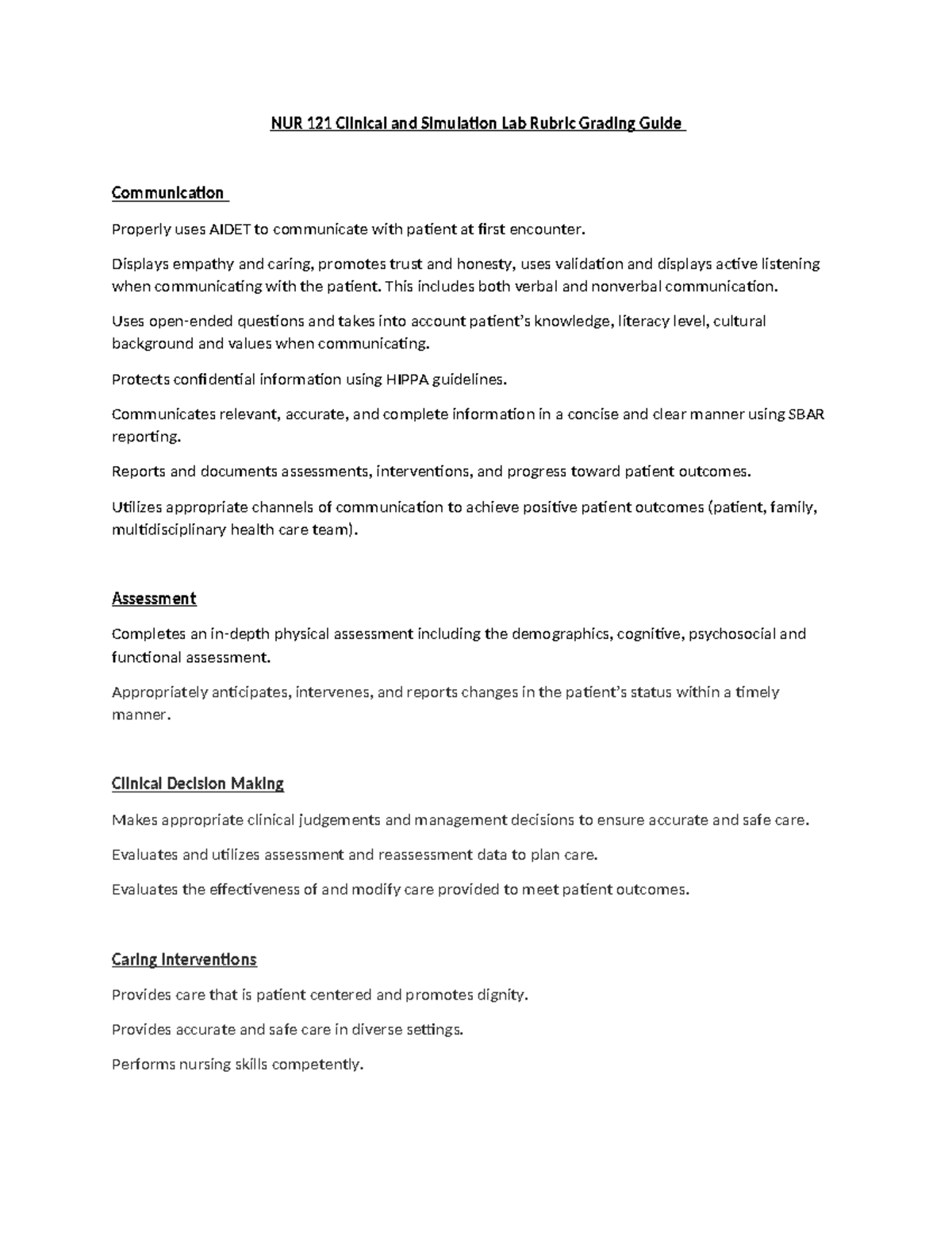 NUR 121 Clinical-Simulation Lab Rubric Grading Guide - NUR 121 Clinical ...
