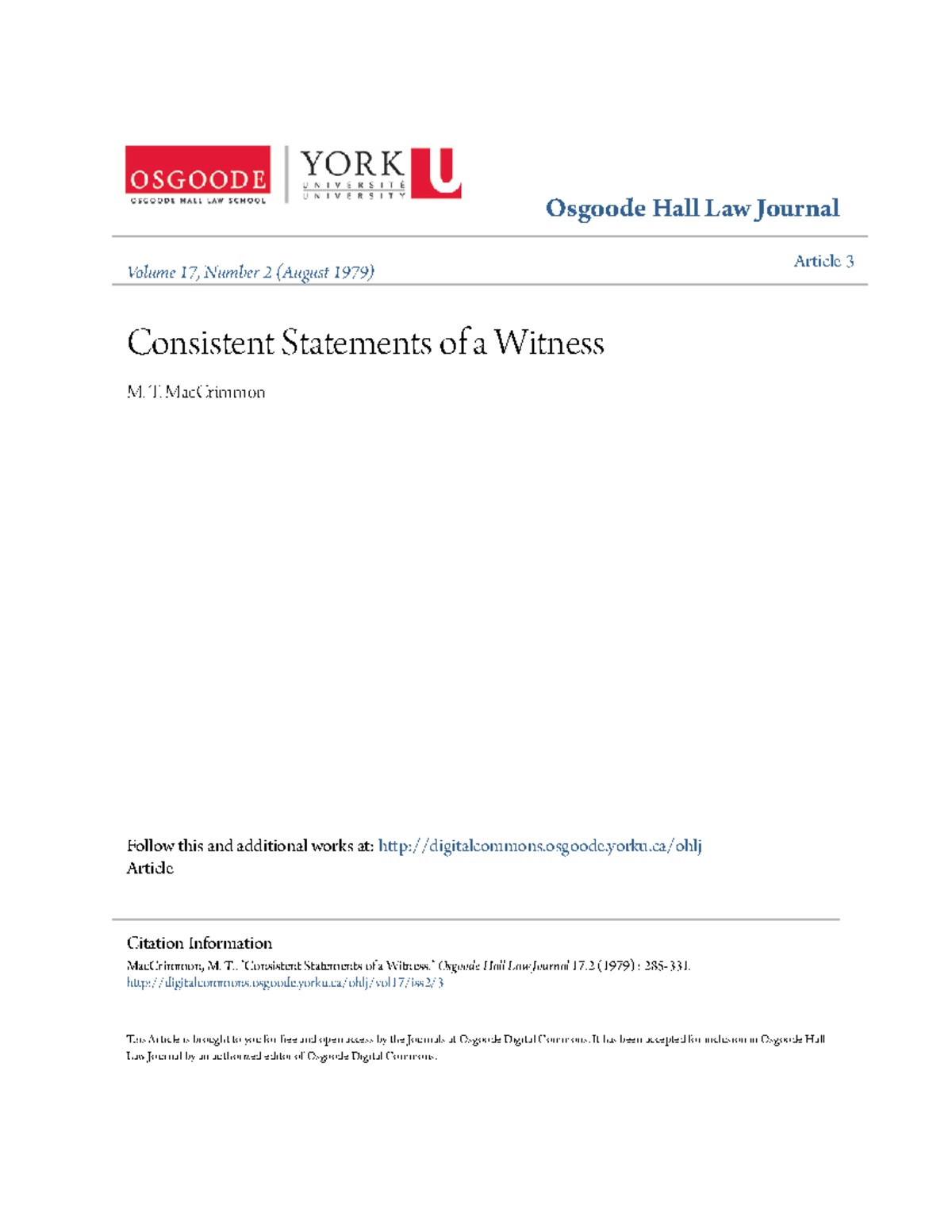 Consistent Statements of a Witness - T. MacCrimmon Follow this and ...