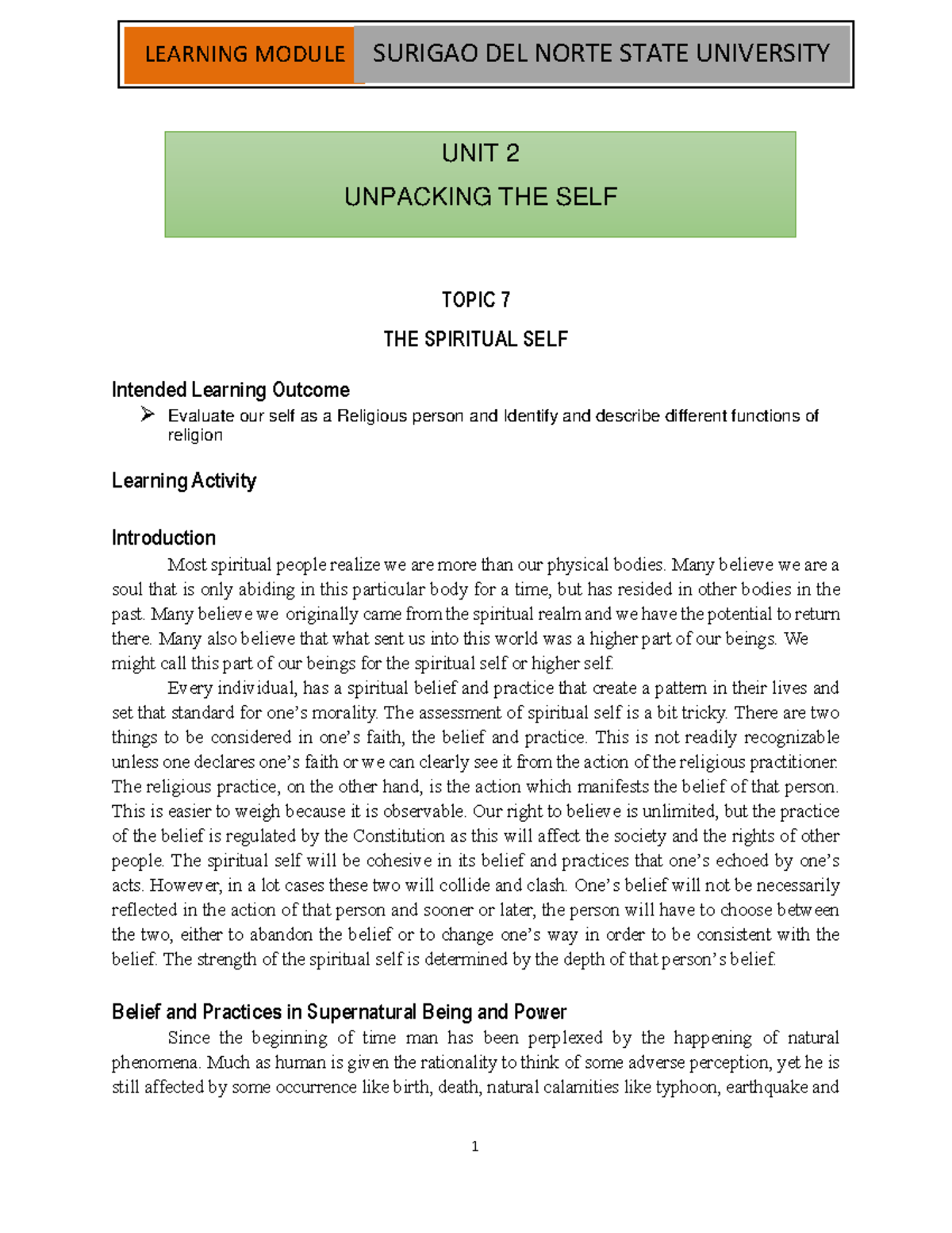 Uself-Module 7 NEW AY2022 2023 PDF - TOPIC 7 THE SPIRITUAL SELF Intended Learning Outcome ...