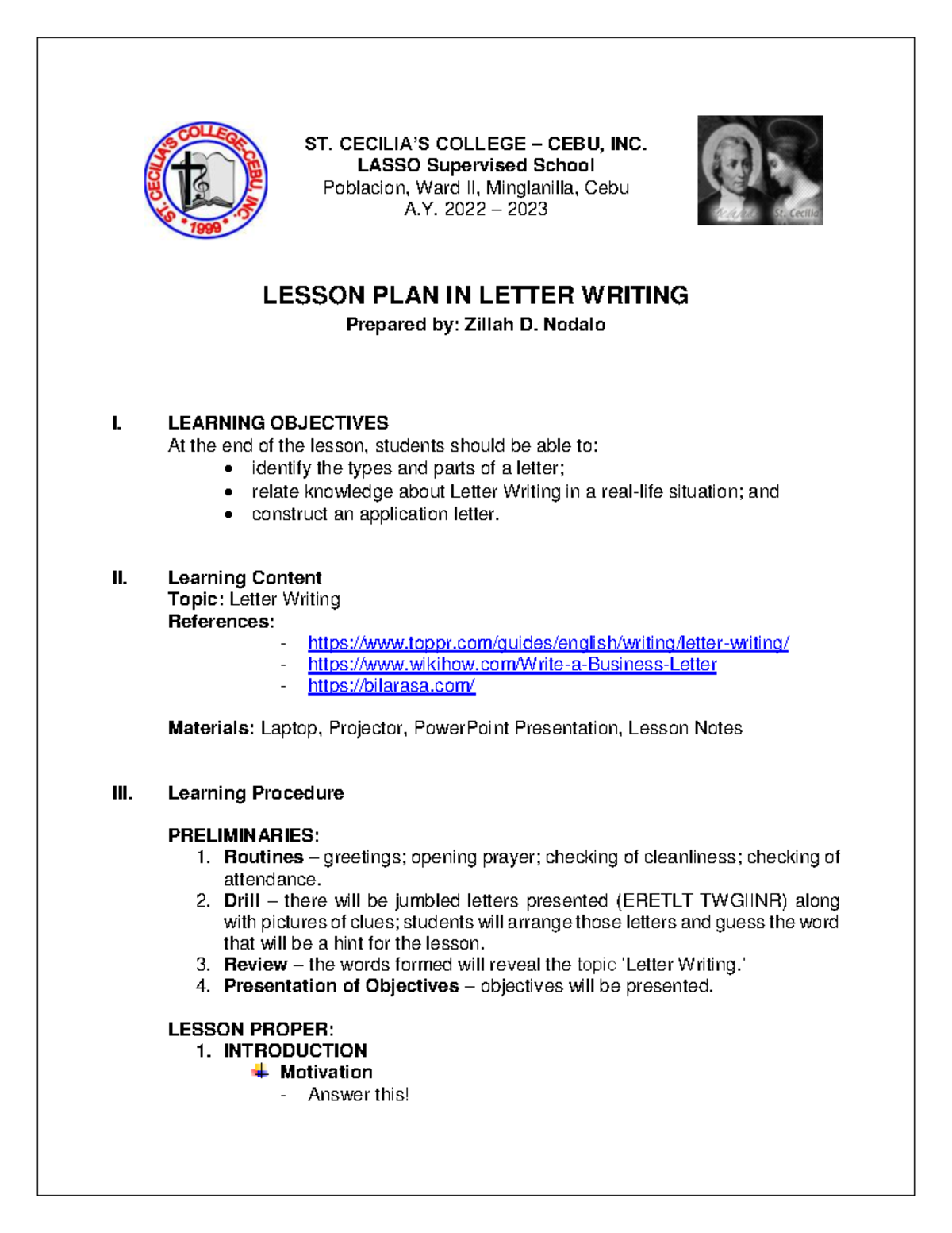 LP FOR DEMO - Letter Writing - ST. CECILIA’S COLLEGE – CEBU, INC. LASSO ...