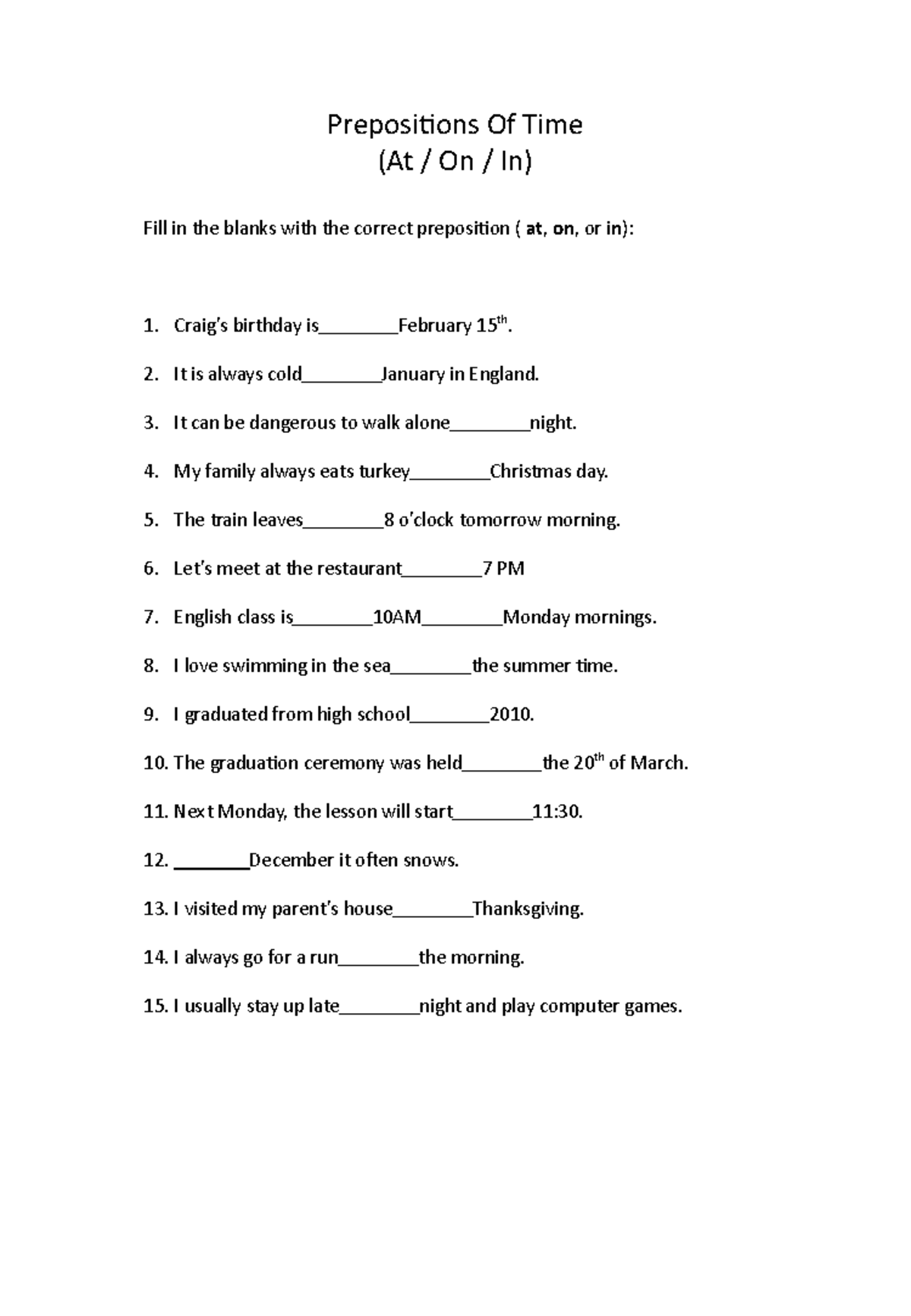 Prepositions Of Time Exercise Worksheet 1 1 - Prepositions Of Time (At ...